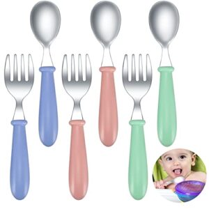 6 pcs toddler utensils set, baby silverware set, stainless steel toddler forks and spoons, children baby spoons and forks cutlery set with round handle, dishwasher safe