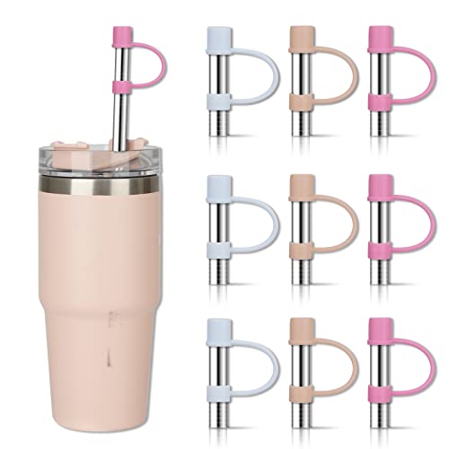 [9 Pack] Straw Cover Cap 10MM for Stanley Cup Adventure Quencher 40oz, Reusable Silicone Stopper tips for Stanley Tumbler 30oz, 20oz,12oz Accessories, Fits 0.4 inch Drinking Straws (Blue/Pink/Brown)