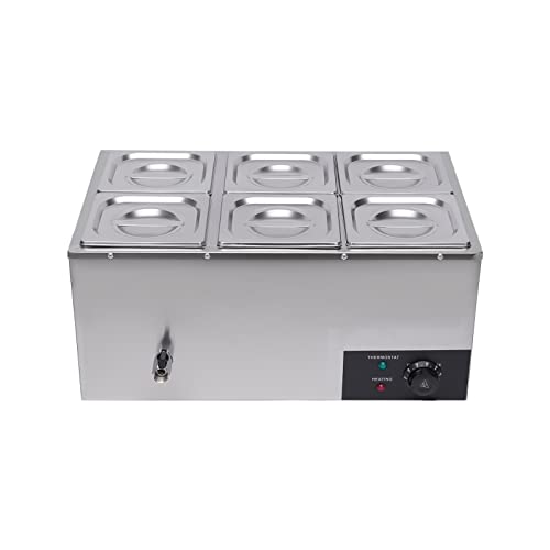 110V Commercial Food Warmer, 6-Pan Stainless Steel 19.2 Qt Capacity, 600W Steam Table 15cm/6inch Deep,Temp. Control 86-185, Electric Soup Warmer w/Lids