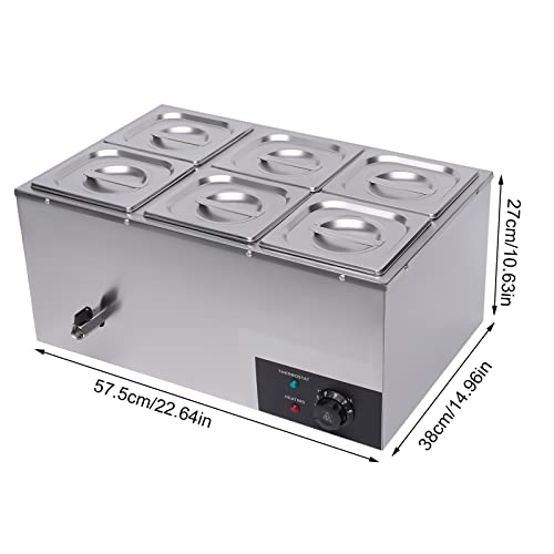 110V Commercial Food Warmer, 6-Pan Stainless Steel 19.2 Qt Capacity, 600W Steam Table 15cm/6inch Deep,Temp. Control 86-185, Electric Soup Warmer w/Lids