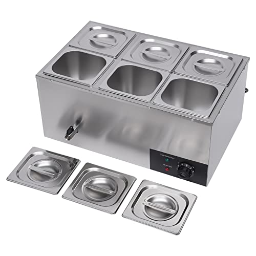 110V Commercial Food Warmer, 6-Pan Stainless Steel 19.2 Qt Capacity, 600W Steam Table 15cm/6inch Deep,Temp. Control 86-185, Electric Soup Warmer w/Lids