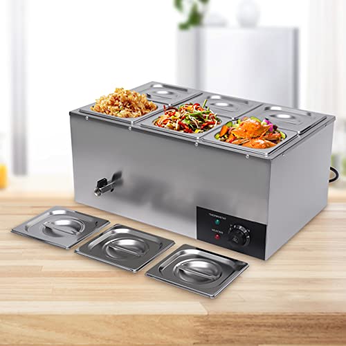 110V Commercial Food Warmer, 6-Pan Stainless Steel 19.2 Qt Capacity, 600W Steam Table 15cm/6inch Deep,Temp. Control 86-185, Electric Soup Warmer w/Lids