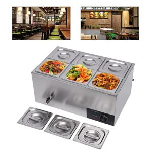 110V Commercial Food Warmer, 6-Pan Stainless Steel 19.2 Qt Capacity, 600W Steam Table 15cm/6inch Deep,Temp. Control 86-185, Electric Soup Warmer w/Lids