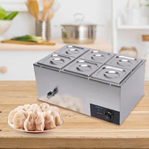 110V Commercial Food Warmer, 6-Pan Stainless Steel 19.2 Qt Capacity, 600W Steam Table 15cm/6inch Deep,Temp. Control 86-185, Electric Soup Warmer w/Lids