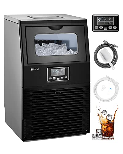 Silonn Commercial Ice Maker Machine, 90LBS/24H with 30lbs Bin, Full Heavy Duty Stainless Steel Construction, Self-Cleaning, Clear Cube for Home Bar, Include Scoop, Connection Hose