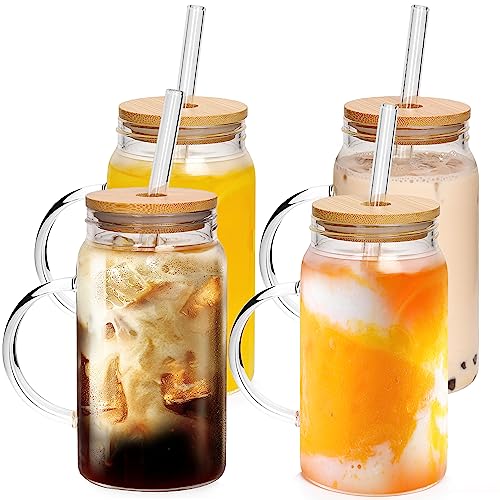 ANOTION Glass Cups 4 Packs, 16oz Coffee Cups with Lids and Glass Straws Coffee Mugs Clear Tumbler With Handle Glassware Drinking Glasses Set for Hot/Cold Coffee Latte Tea Chocolate Juice