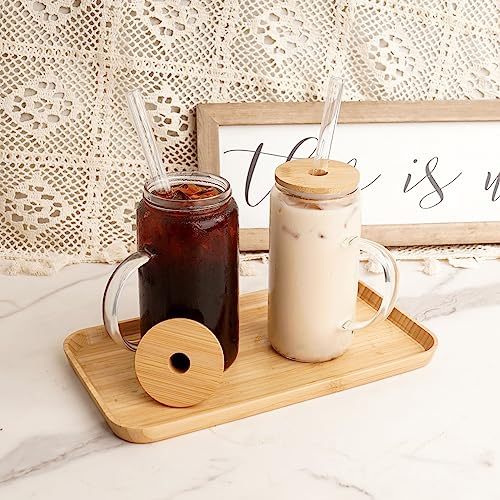 ANOTION Glass Cups 4 Packs, 16oz Coffee Cups with Lids and Glass Straws Coffee Mugs Clear Tumbler With Handle Glassware Drinking Glasses Set for Hot/Cold Coffee Latte Tea Chocolate Juice