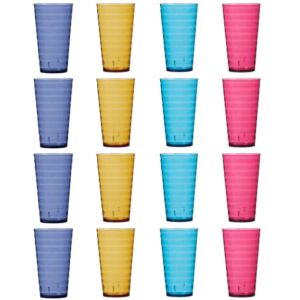 US Acrylic Splash 18 ounce Plastic Stackable Water Tumblers in 4 Assorted Colors | Value Set of 16 Drinking Cups | Reusable, BPA-free, Made in the USA, Top-rack Dishwasher Safe