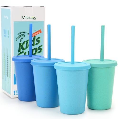 Mfacoy 4 Pack Wheat Straw Cups with Lid and Straws, 10 oz Unbreakable Kids Cups, Reusable Drinking Cups, Small Water Cups, Colourful Tumbler Cups for Kitchen, BPA Free, Dishwasher & Microwave Safe