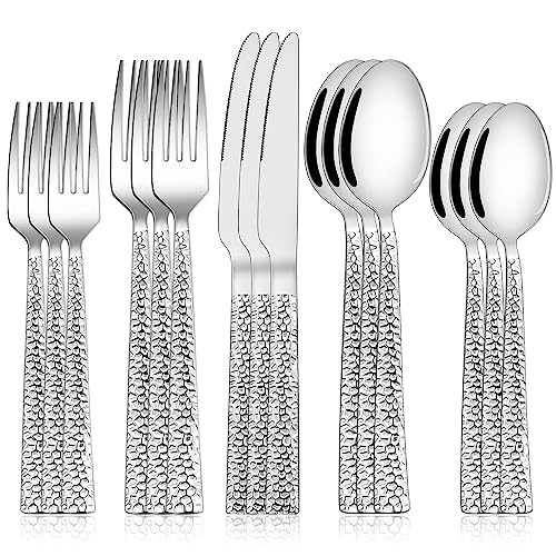 60-Piece Hammered Silverware Set, Stainless Steel Square Flatware Set for 12, Food-Grade Tableware Cutlery Set, Utensil Sets for Home Restaurant, Mirror Finish, Dishwasher Safe