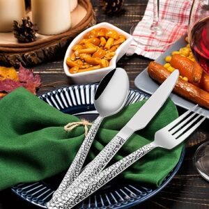 60-Piece Hammered Silverware Set, Stainless Steel Square Flatware Set for 12, Food-Grade Tableware Cutlery Set, Utensil Sets for Home Restaurant, Mirror Finish, Dishwasher Safe