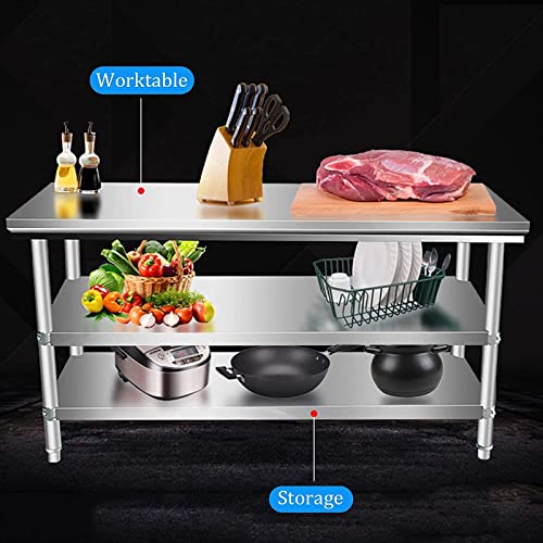 Commercial Kitchen Work Catering Table, Kitchen Table Stainless Steel Work Table Commercial Utility Worktable with Double Under Shelf Heavy Duty Food Prep Workbench (Size : 80x50x80cm)