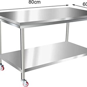 Commercial Kitchen Work Catering Table, Stainless Steel Work Table Commercial Kitchen Work Table Heavy Duty Prep Worktable with 4 Casters (Wheels) for Restaurant, Home (Size : 80X60X85CM)