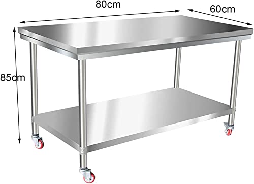 Commercial Kitchen Work Catering Table, Stainless Steel Work Table Commercial Kitchen Work Table Heavy Duty Prep Worktable with 4 Casters (Wheels) for Restaurant, Home (Size : 80X60X85CM)