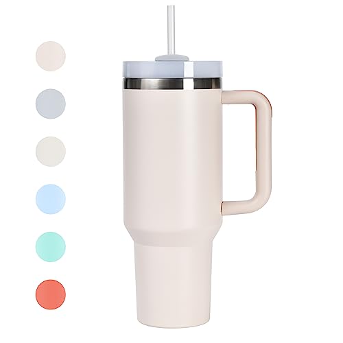 40oz Tumbler with Handle, Straw, Lid, Stainless Steel Vacuum Insulated Water Bottle Adventure Travel Mug Quencher for Iced Coffee, Hot or Cold Tea, and Beverage, Rose Quartz