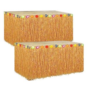 2 pc luau grass table skirt, hawaiian table skirt, 9 feet hawaiian fringe table skirt, grass table skirts for luau party, luau plastic table skirt for hawaiian luau party supplies birthday decoration