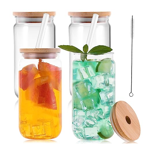 MANJUSAWA 4PCS Drinking Cups With Lids and Straws_16oz Beer Can Shaped Drinking Cups-Iced Coffee Cups,Cute Jars with Straw and Lid,Ideal for Beer,Cocktail,Whiskey,Iced Coffee,Iced Tea and Soda