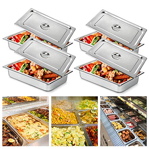 4 Pack Hotel Pan 4" Deep Steam Table Pan with Lid 20" L x 12" W Food Prep Pans Stainless Steel Catering Food Buffet Non-stick Pan