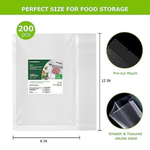 Bonsenkitchen Vacuum Food Sealer Bags 200 Quart 8" x 12', BPA Free, Commercial Grade Textured Food Vacuum Sealer Bag, Thick Embossed Bags for Food Storage and Sous Vide Cooking