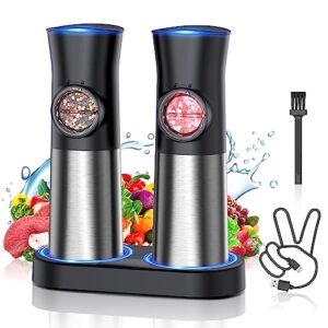 gravity electric salt and pepper grinder set - usb rechargeable automatic pepper mill grinder - generous capacity - adjustable fineness - one handed operation, stainless steel construction, led light