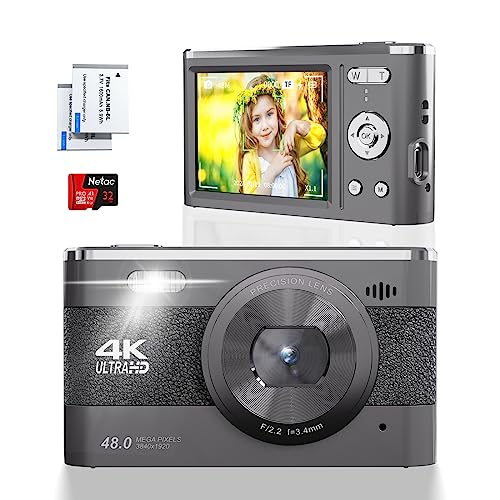 Digital Camera for Photography and Video 4K 48MP Vlogging Camera for YouTube with 3” FHD Screen 18X Digital Zoom Point and Shoot Camera Mini Travel Camera with 32GB SD Card, 2 Batteries-Black