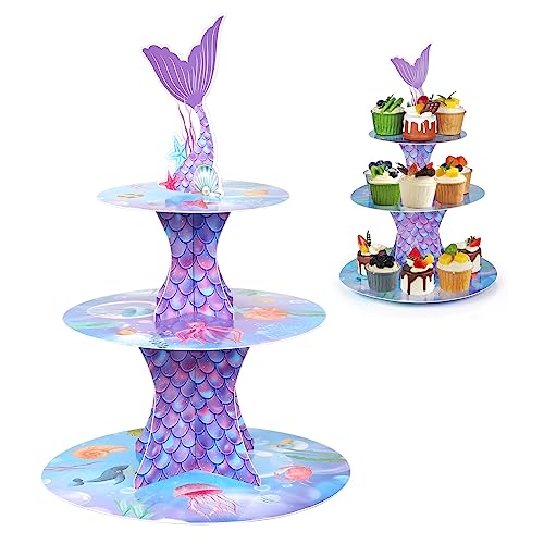 Mermaid Cupcake Stand, Little Mermaid Party Decorations 2023, Mermaid Birthday Decorations, Mermaid Theme Party Favors Supplies, 3 Tier Cupcake Tower Holder for Mermaid Baby Shower Decor Girls