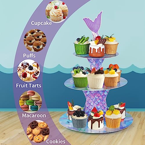 Mermaid Cupcake Stand, Little Mermaid Party Decorations 2023, Mermaid Birthday Decorations, Mermaid Theme Party Favors Supplies, 3 Tier Cupcake Tower Holder for Mermaid Baby Shower Decor Girls