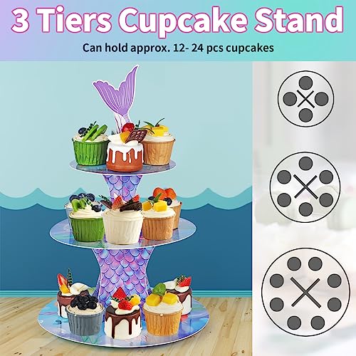 Mermaid Cupcake Stand, Little Mermaid Party Decorations 2023, Mermaid Birthday Decorations, Mermaid Theme Party Favors Supplies, 3 Tier Cupcake Tower Holder for Mermaid Baby Shower Decor Girls