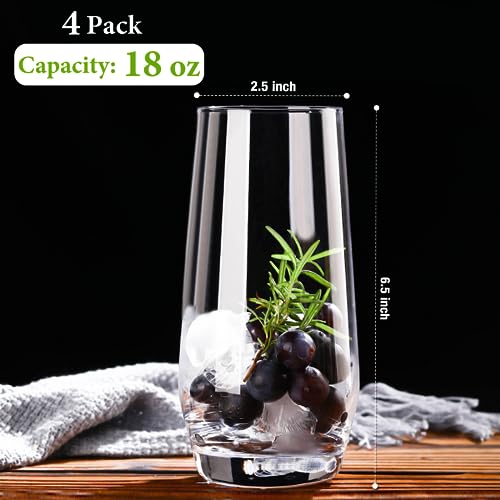 Qipecedm Highball Drinking Glasses Set of 4 (USA MADE), 18 oz Tall Glass Cups, Lead-Free Crystal Drinking Glasses, Water Glasses, Bar Glassware for Rocks, Juice, Beer, Cocktail Glasses