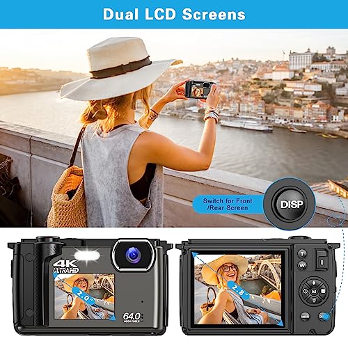 Digital Camera 4K,Vmotal UHD 64MP Photo 4K Video 60FPS,Dual Screens 2.8”+2.4”/16x Zoom/Time-Lapse/Slow-Motion/Autofocus/Manual Focus, with WiFi, Vlogging Camera for YouTube