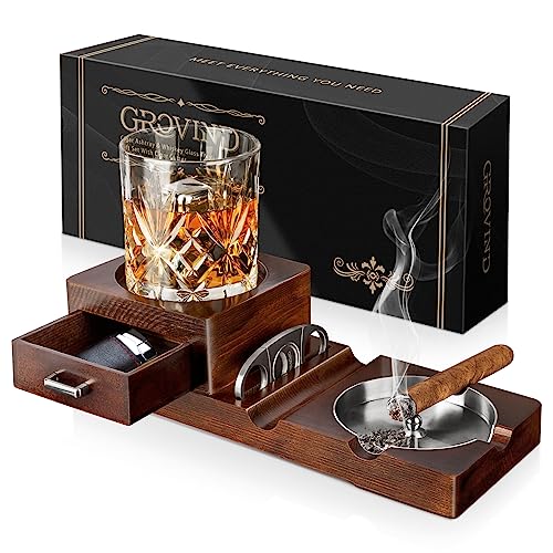 Grovind Cigar Ashtrays, Whiskey Glass Tray and Wooden Ash Tray Detachable Outdoor Ashtray for Cigarettes, Cigar Accessories Gift Set with Cigar Cutter, Great Decor for Home Office Cigar Gifts for Men