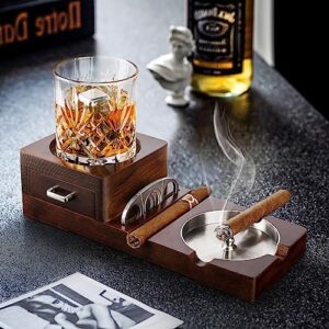 Grovind Cigar Ashtrays, Whiskey Glass Tray and Wooden Ash Tray Detachable Outdoor Ashtray for Cigarettes, Cigar Accessories Gift Set with Cigar Cutter, Great Decor for Home Office Cigar Gifts for Men