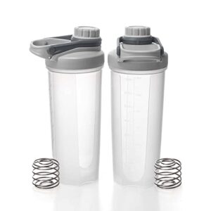 eympeu 2 pack shaker bottle work out bpa & phthalate-free, solid screw lid leakproof shaker cup dishwasher safe for protein mixes 24oz, clear grey