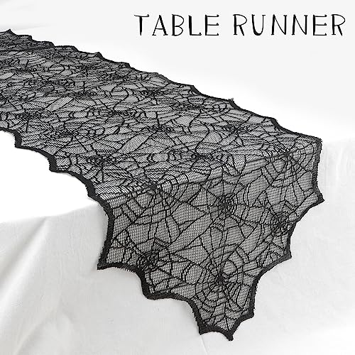 Halloween Table Runner Spiderweb Black Lace Table Runner Halloween Table Lace Decoration for Masquerade, Dinner Party, Costume Party, Scary Movie Nights Table Decorations, 18 X 72 Inch