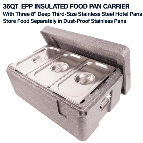 FORCOOK Top Loading EPP Insulated Food Pan Carrier with Three 8" Deep Third-Size Stainless Steel Hotel Pans 24"*15"*11.4" Gray