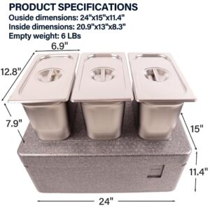 FORCOOK Top Loading EPP Insulated Food Pan Carrier with Three 8" Deep Third-Size Stainless Steel Hotel Pans 24"*15"*11.4" Gray