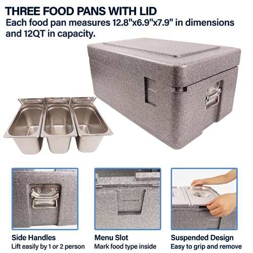 FORCOOK Top Loading EPP Insulated Food Pan Carrier with Three 8" Deep Third-Size Stainless Steel Hotel Pans 24"*15"*11.4" Gray