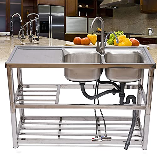 CNCEST Double Bowl Commercial Catering Sink, Catering Kitchen Stainless Steel Sink Double Storage Vanity Basin with Hot And Cold Faucet 2 Drainer for Kitchen Bar Restaurant Dessert Shop