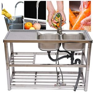 CNCEST Double Bowl Commercial Catering Sink, Catering Kitchen Stainless Steel Sink Double Storage Vanity Basin with Hot And Cold Faucet 2 Drainer for Kitchen Bar Restaurant Dessert Shop