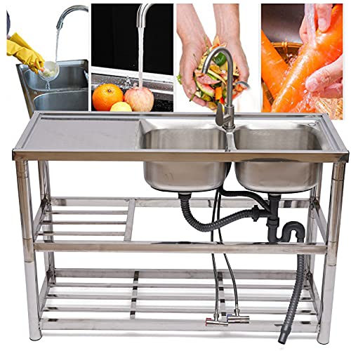 CNCEST Double Bowl Commercial Catering Sink, Catering Kitchen Stainless Steel Sink Double Storage Vanity Basin with Hot And Cold Faucet 2 Drainer for Kitchen Bar Restaurant Dessert Shop