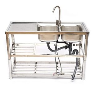 CNCEST Double Bowl Commercial Catering Sink, Catering Kitchen Stainless Steel Sink Double Storage Vanity Basin with Hot And Cold Faucet 2 Drainer for Kitchen Bar Restaurant Dessert Shop