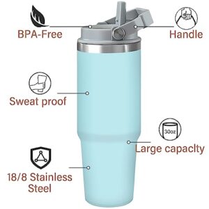 Tumbler with Handle and Straw 30 oz Stainless Steel Double Wall Vacuum Insulated Tumbler with Handle Leak Proof, Large Tumbler with Built- in Straw and Lid (Blue)