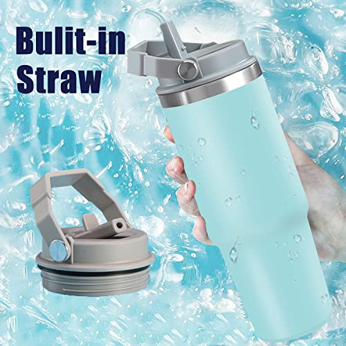 Tumbler with Handle and Straw 30 oz Stainless Steel Double Wall Vacuum Insulated Tumbler with Handle Leak Proof, Large Tumbler with Built- in Straw and Lid (Blue)