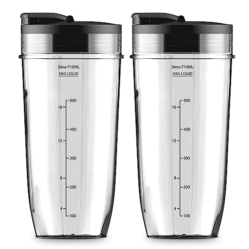 2 Pack Replacement 24oz Nutri Ninja Blender Cup with Leakproof Lid, 24 Oz Cups For Ninja Auto iQ BL480 BL482 BL642 BL682 BL450 BN401 BN751 BN801 Foodi SS351 SS151 SS401 Ninja Blender Auto iQ Blade