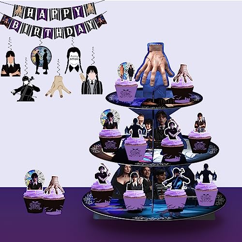 3 Tiers Wednesday Cupcake Stand, Wednesday Addams Birthday Supplies, Cupcake Stand for 24 Cupcakes, Cupcake Holder Perfect for Wednesday Addams Party Decorations