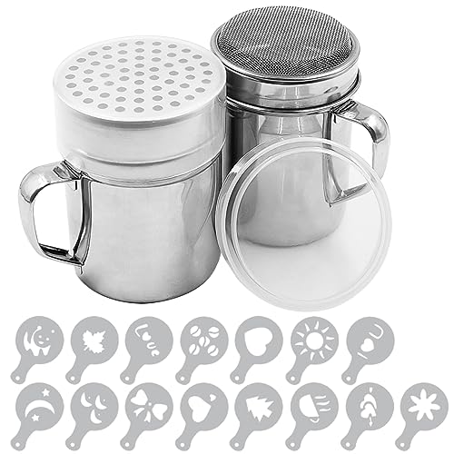 Powdered Sugar Shaker Duster with Handle, SENHAI 2pcs Stainless Steel Powder Shakers for Sugar Pepper Cinnamon Powder Flour with Printing Molds Stencils - Fine & Large Mesh