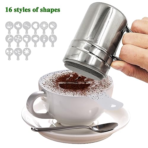 Powdered Sugar Shaker Duster with Handle, SENHAI 2pcs Stainless Steel Powder Shakers for Sugar Pepper Cinnamon Powder Flour with Printing Molds Stencils - Fine & Large Mesh