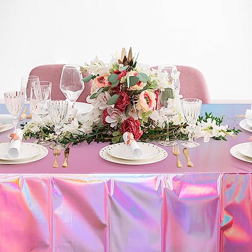 4 Pack Iridescent Pink Plastic Tablecloths, Shiny Disposable Laser Rectangle Table Covers, Holographic Foil Tablecloth Iridescent Party Decorations for Birthday Bridal Wedding Christmas, 54 x 108 Inch