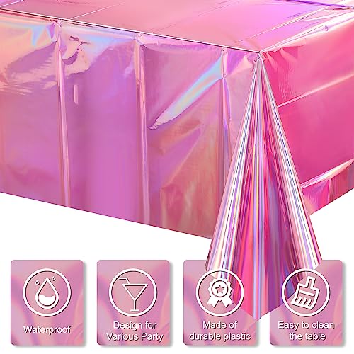 4 Pack Iridescent Pink Plastic Tablecloths, Shiny Disposable Laser Rectangle Table Covers, Holographic Foil Tablecloth Iridescent Party Decorations for Birthday Bridal Wedding Christmas, 54 x 108 Inch