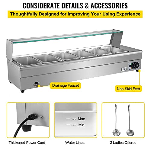 110V Bain Marie Food Warmer 42 Quart, 6 Pan x 1/3 GN Commercial Steam Table with Tempered Glass Shield